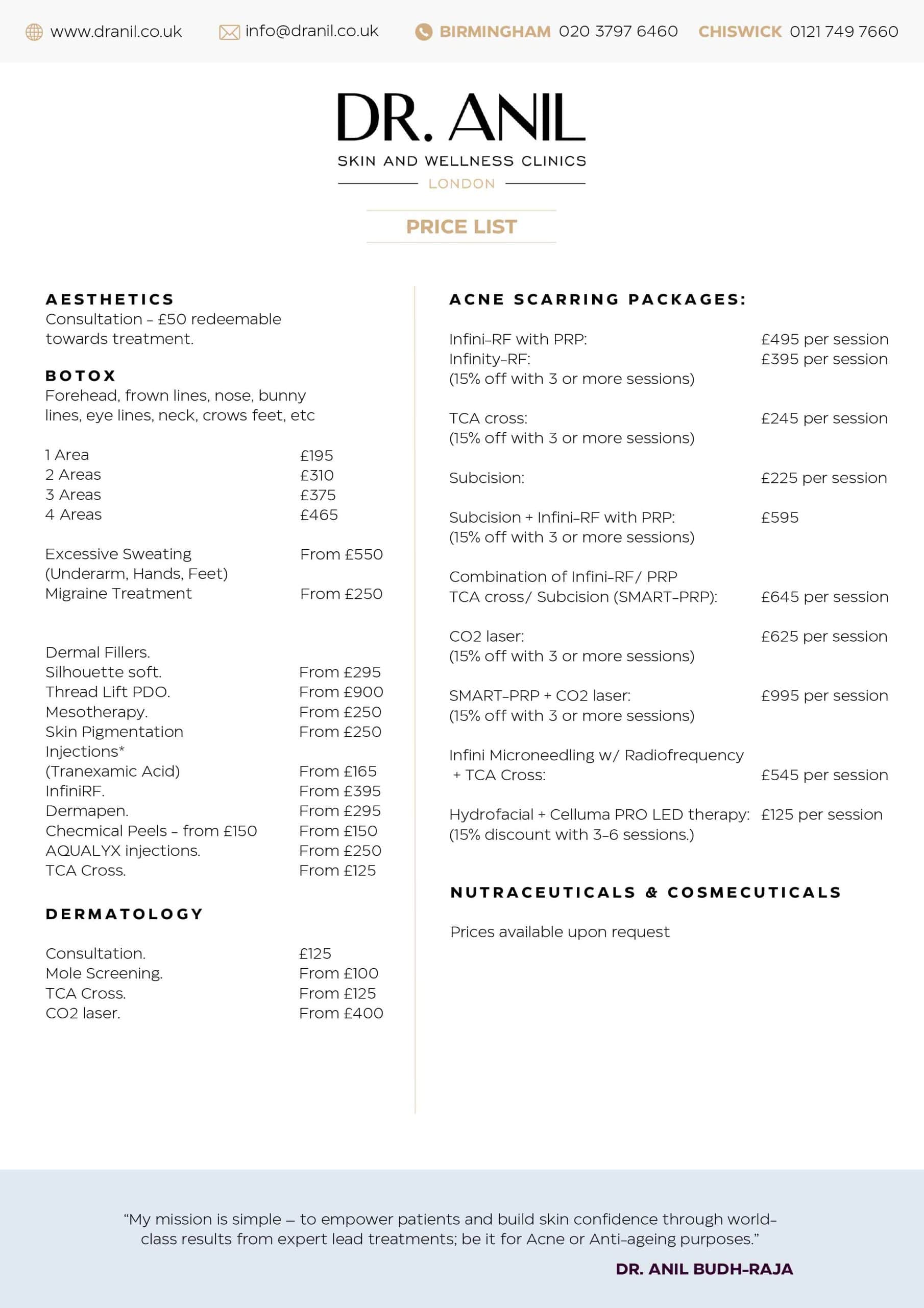 Price List | Dr. Anil Skin Clinic | London, Birmingham